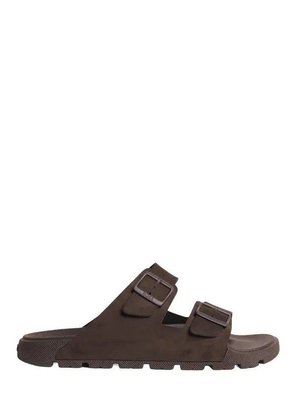 BOSS Faux Suede Buckled Slides - Brown