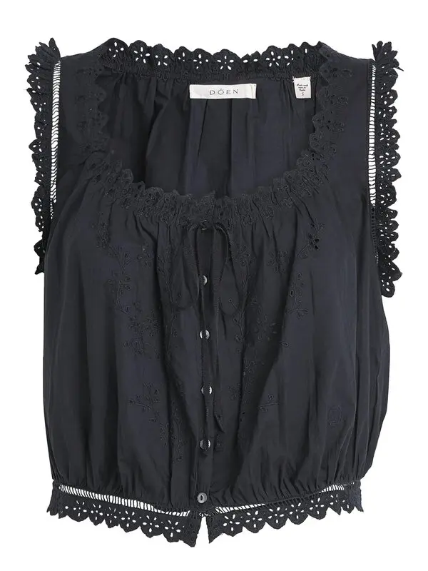 DÔEN Organic Cotton Traveler Blouse With Scalloped Edges And Ribbon Tie - Black