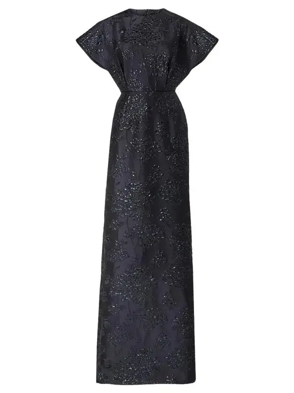 Carolina Herrera Floral Lurex Jacquard Gown With Sculptural Fan Bodice - Blue