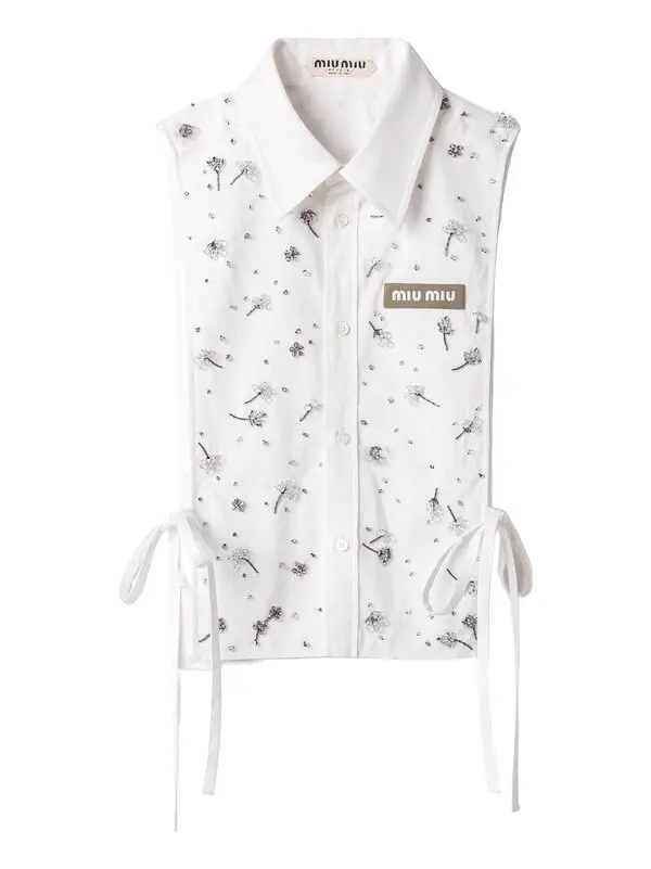 Miu Miu Embroidered Sleeveless Poplin And Chino Shirt With Ties - White