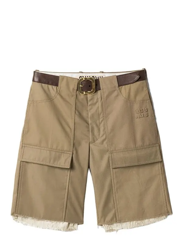Miu Miu Belted Chino Bermuda Shorts With Embroidered Logo - Khaki
