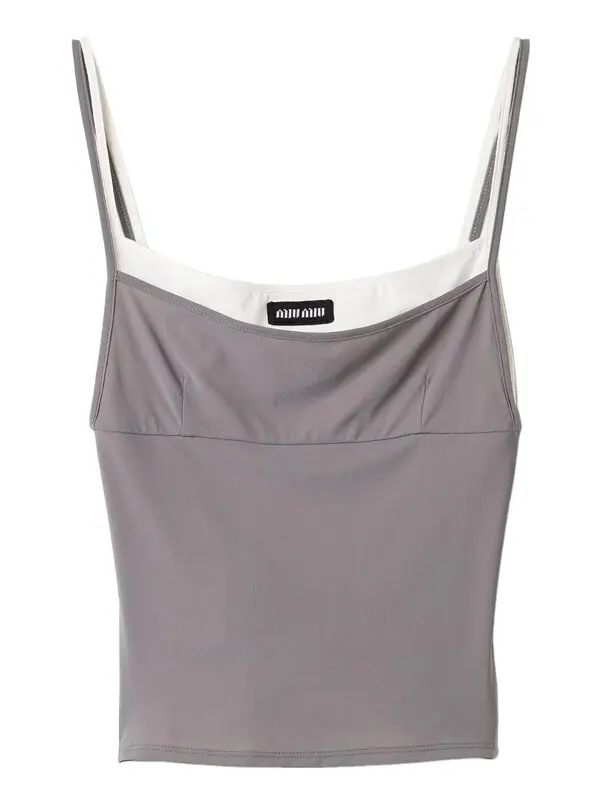 Miu Miu Spaghetti Strap Stretch Jersey Top With Jacquard Logo Label - Steel Gray