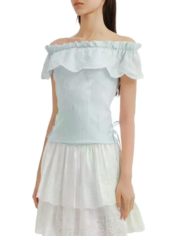 TOUT A COUP Off-shoulder Broderie-anglaise Top - Blue