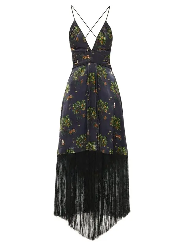 ASHAKI Shanti Tiger Backless Fringe Midi Dress - Black