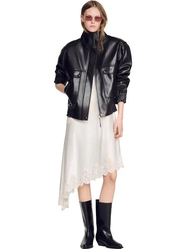Sandro Standing Collar Leather Jacket - Black Brown