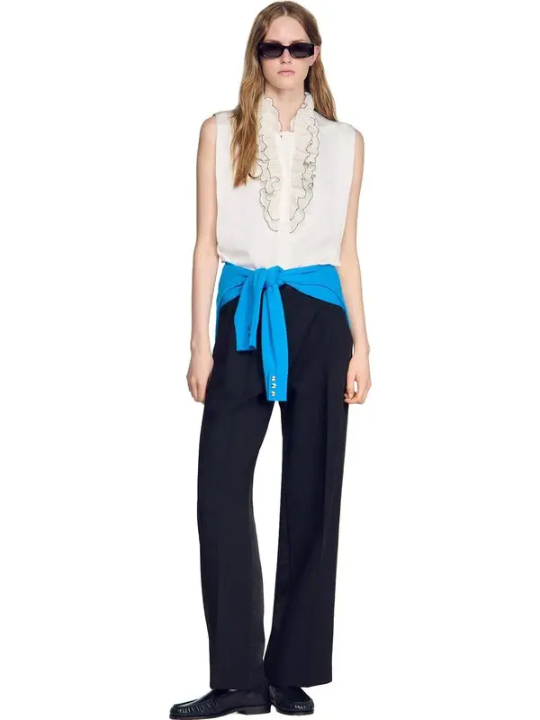 Sandro Sleeveless Paisley Jacquard Shirt With Ruffled Lace Collar - Ecru