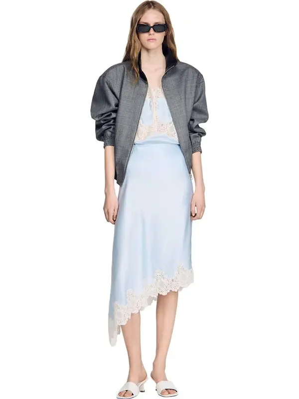 Sandro Asymmetrical Lace-trimmed Satin Midi Skirt - Blue / Ecru