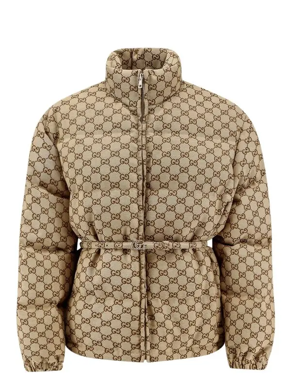 Gucci Gg Fabric Padded Jacket With Belt - Beige
