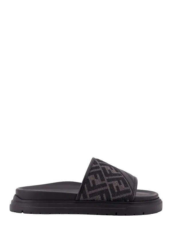 Fendi Leather Ff Jacquard Slide Sandals - Black