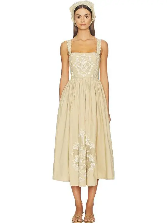 Lpa Isadora Midi Dress With Embroidered Trim - Pale Khaki