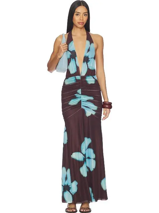 MORE TO COME Zadie Halter Maxi Dress - Brown & Blue Floral