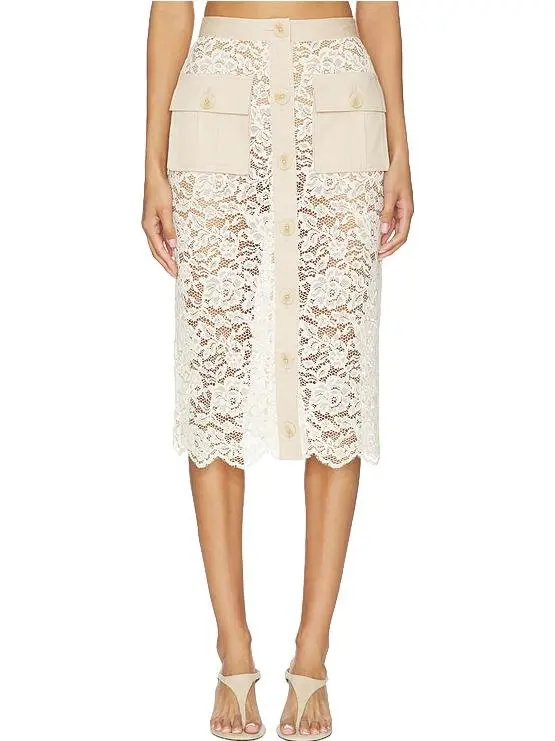 L'Agence Shae Lace Below Knee Skirt - Biscuit & Ecru