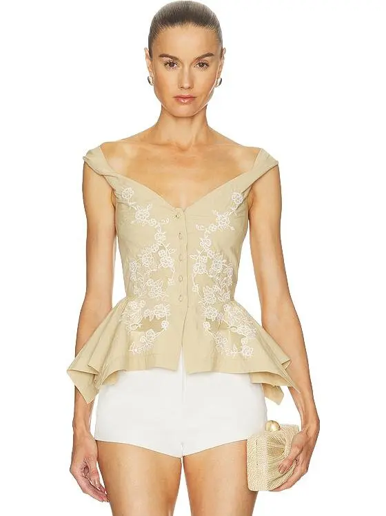 Lpa Embroidered Peplum Top - Pale Khaki