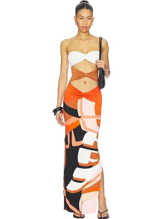 INDAH Printed Maxi Dress With Bandeau Panels And Cut-out Detail - Picasso Mix