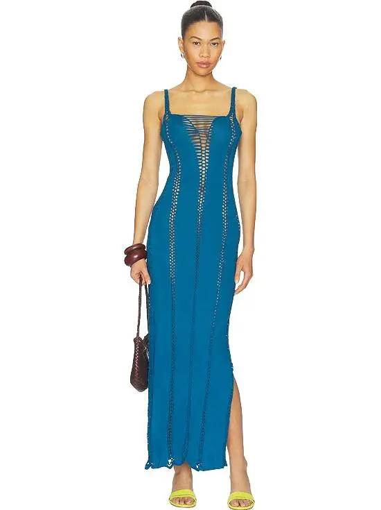 INDAH Soren Solid Maxi Slash Dress With Macrame Trim - Adriatic