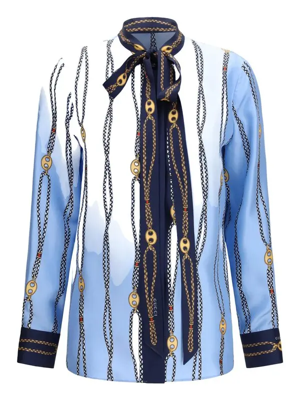 Gucci Silk Printed Shirt With Neck Tie - Light Blue