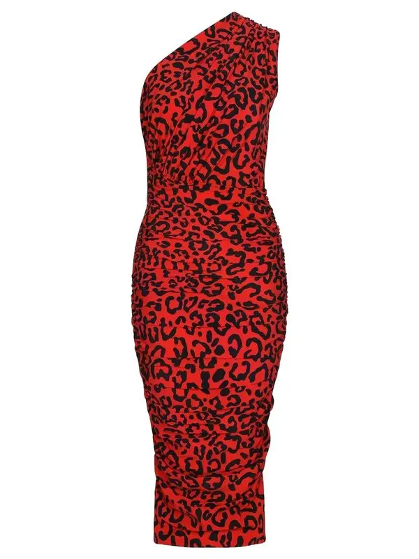 Dolce & Gabbana One-shoulder Ruched Leopard Print Dress - Red