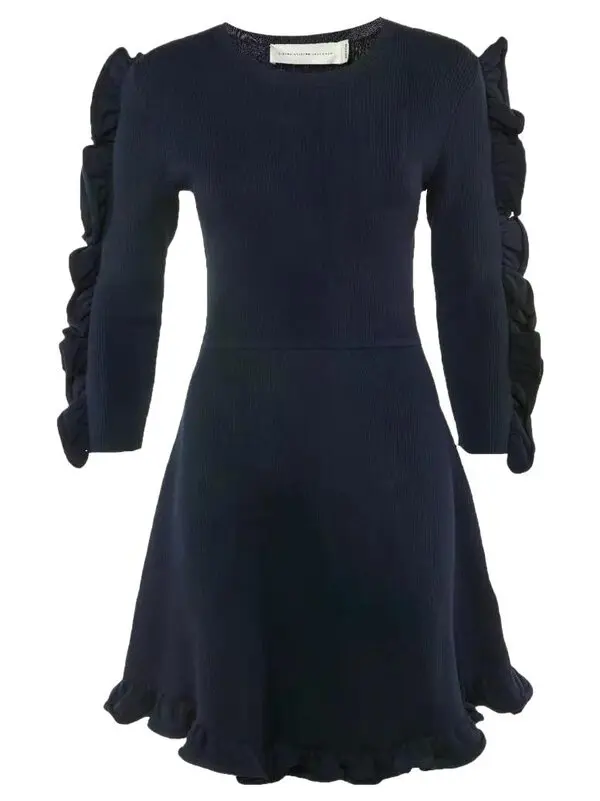 Victoria Beckham Ribbed Knit Frill Mini Dress - Blue