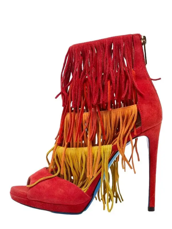 LORIBLU Suede Fringe Cut-out Stiletto Sandals - Red