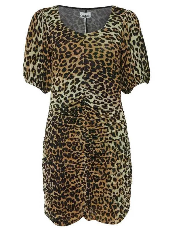 GANNI Animal-print Ruched Mini Dress - Neutrals