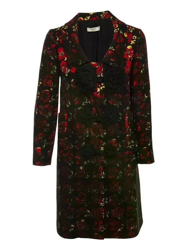 Prada Floral Print Frog Fastening Coat - Black