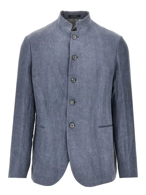 Emporio Armani Linen-blend Crepe Jacket With Guru Collar - Grey
