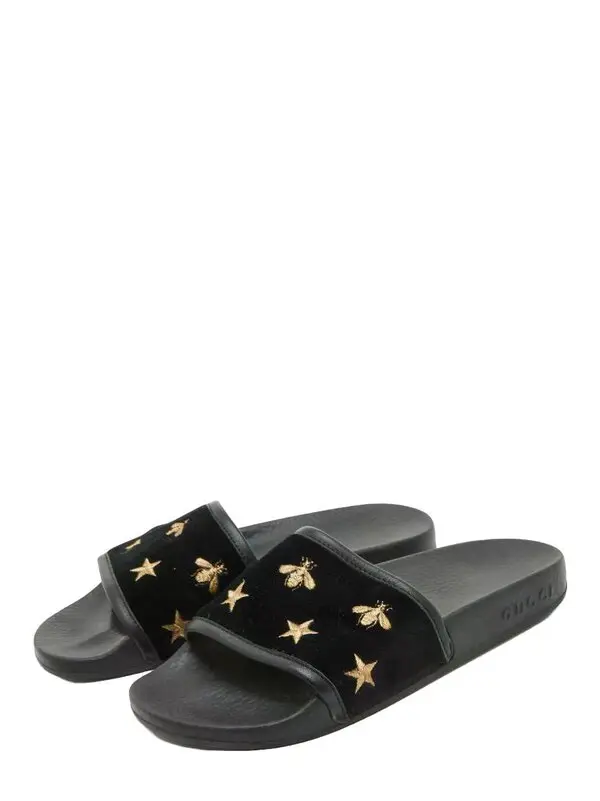 Gucci Embroidered Bee Velvet Slides - Black