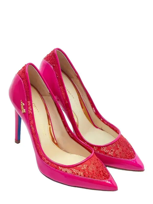 LORIBLU Lace-overlay Patent Leather Heeled Pumps - Pink