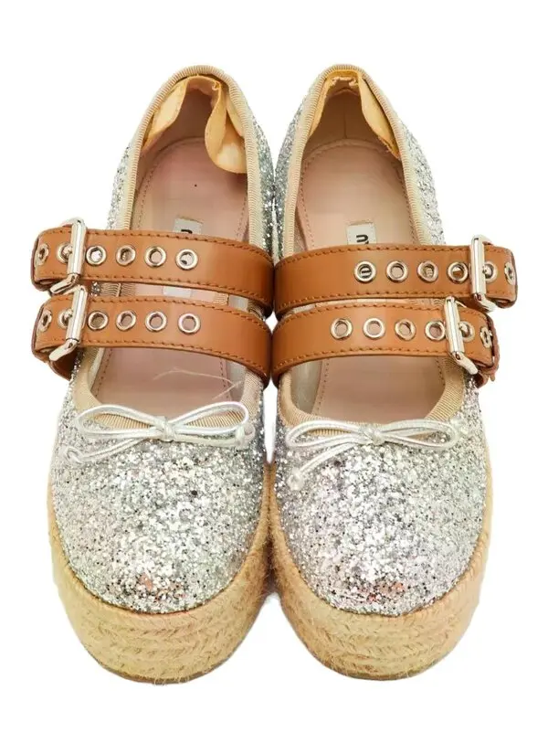 Miu Miu Glitter Embellished Platform Espadrille Ballet Flats - Silver