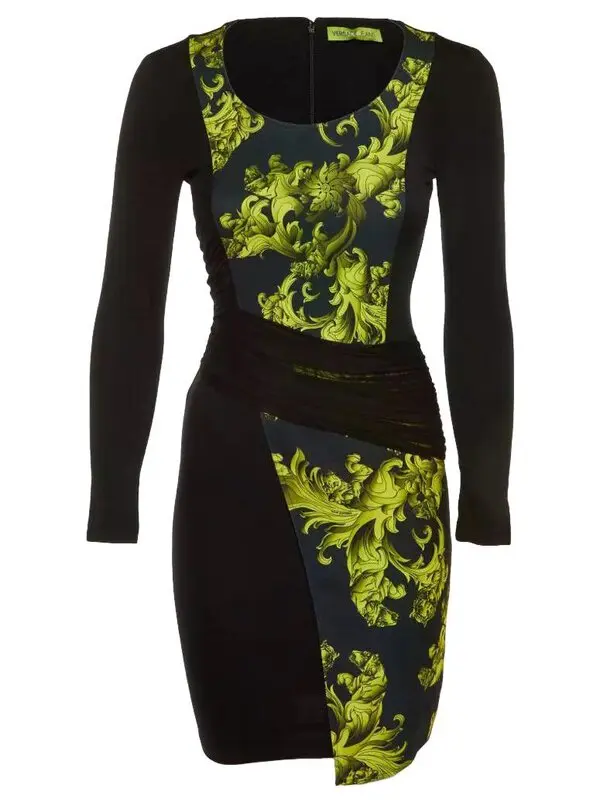 Versace Baroque Print Ruched Mini Dress - Black