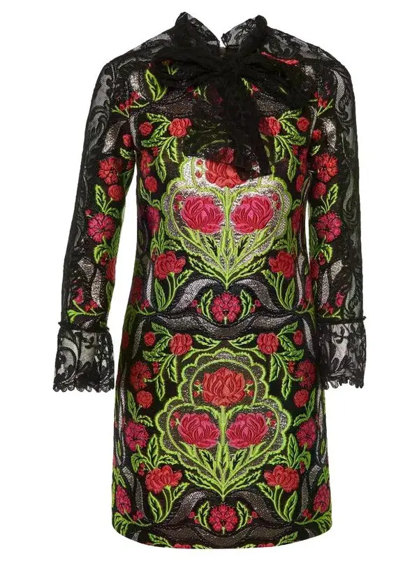 Gucci Floral Jacquard Lace Trim Mini Dress - Black