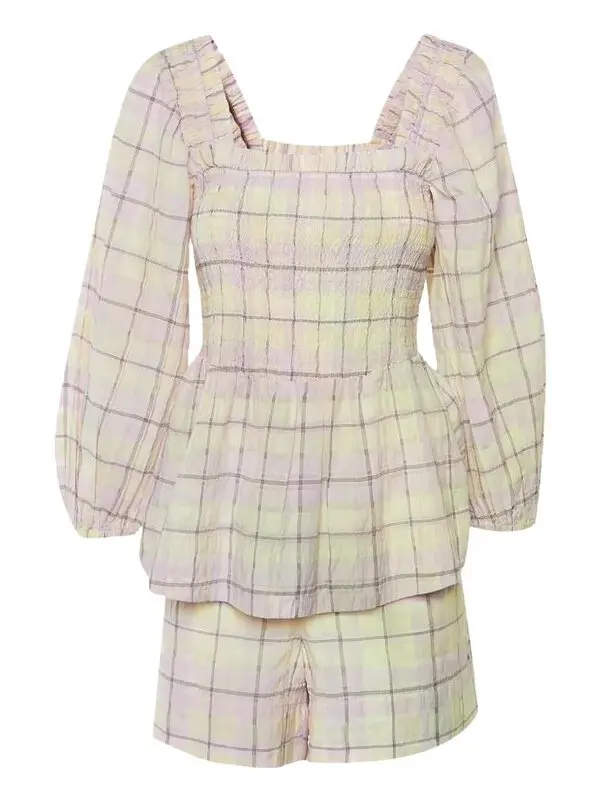 GANNI Lilac Checked Seersucker Peplum Set - Neutrals