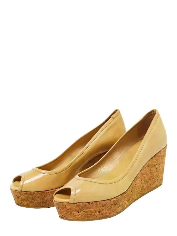 JIMMY CHOO Beige Patent Leather Peep Toe Cork Wedge Pumps - Neutrals
