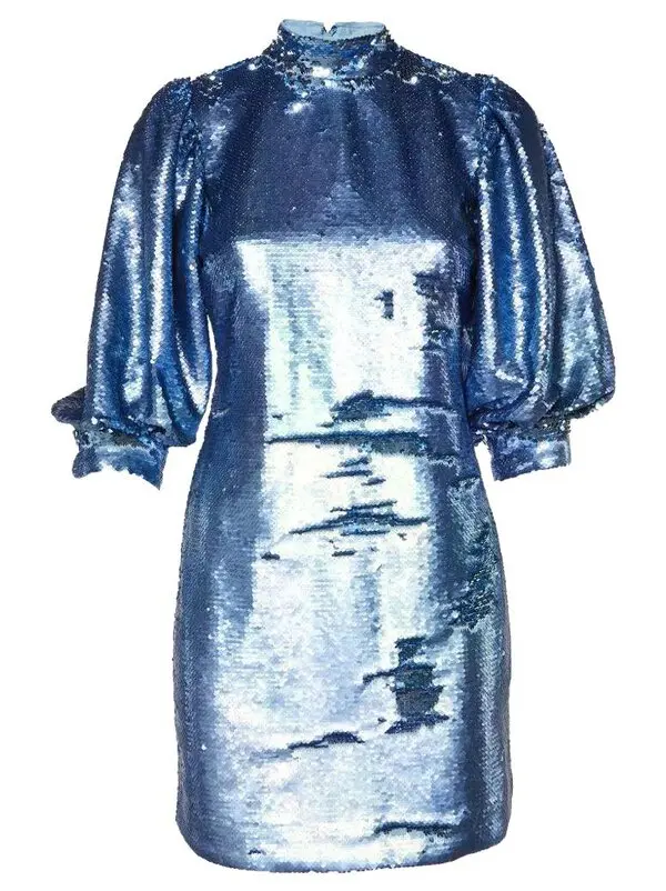 GANNI Sequined High Neck Midi Dress - Blue