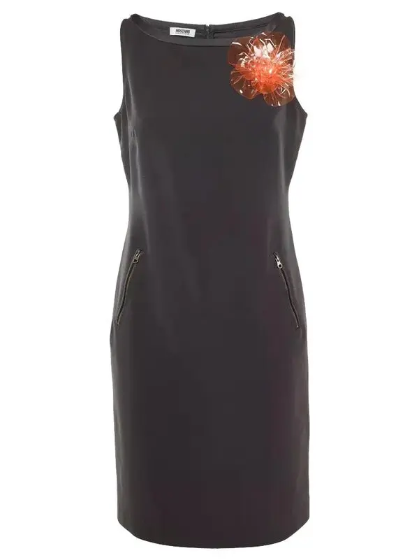 Moschino Crepe Mini Dress With Flower Brooch Detail - Black