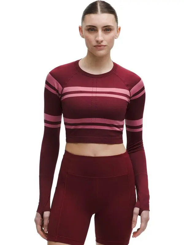 Lululemon Swiftly Tech Cropped Long Sleeve Shirt 2.0 - League Stripe Burgundy Bay/candy Cloud
