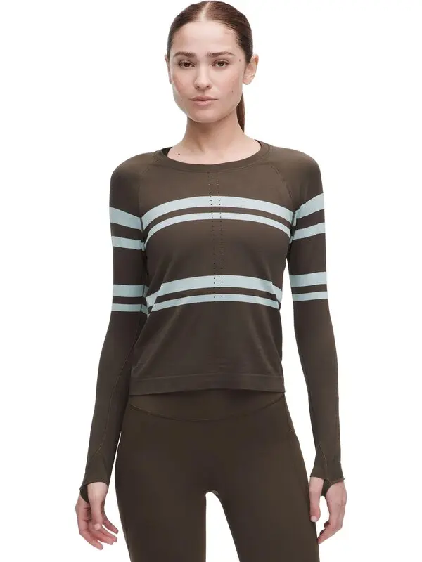 Lululemon Swiftly Tech Long-sleeve Shirt 2.0 Waist Length - League Stripe Walnut Crunch/foam Cloud