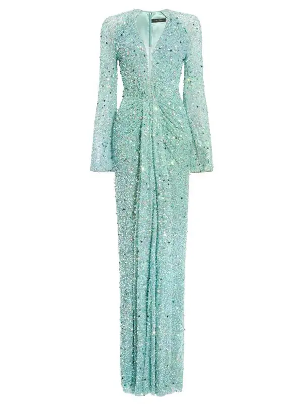 Jenny Packham Embellished Plunge V-neck Long Sleeve Gown - Blue