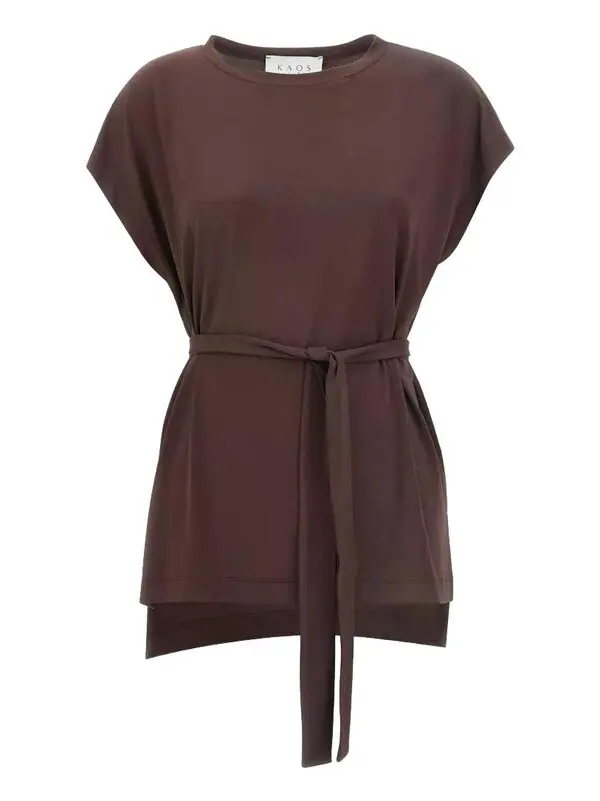 KAOS Belted Cap-sleeve Blouse - Brown