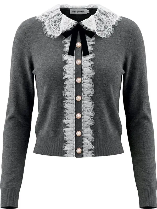 SELF-PORTRAIT Lace-collar Bow-detail Cardigan - Grey