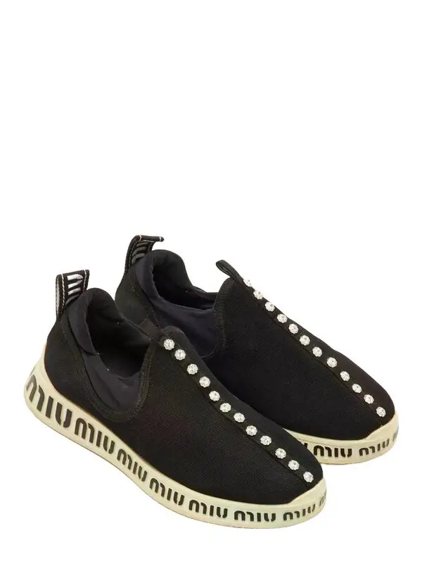 Miu Miu Crystal-embellished Stretch-knit Slip-on Sneakers - Black