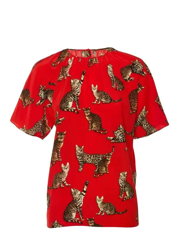 Dolce & Gabbana Silk Cat Print Blouse - Red