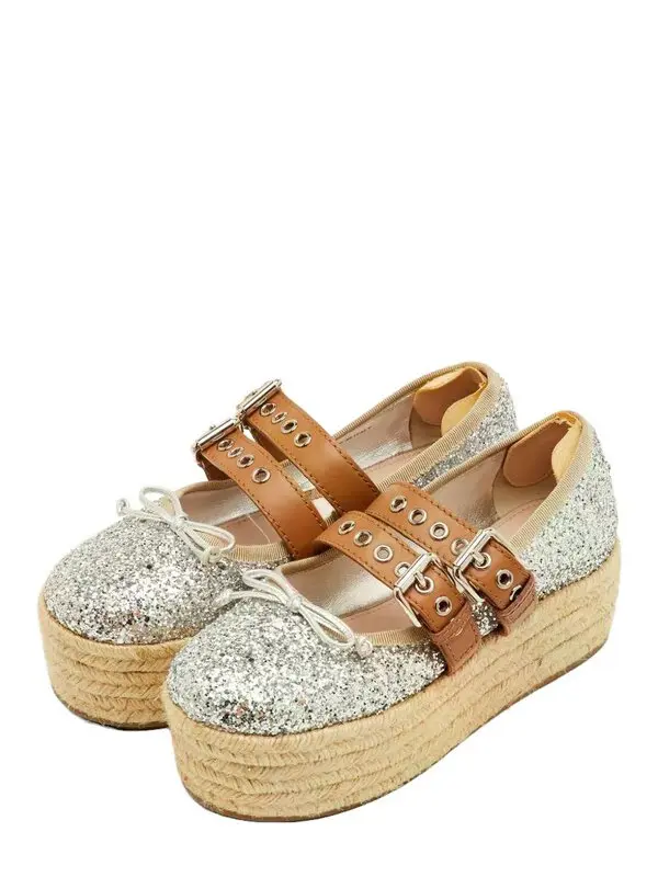 Miu Miu Glitter Platform Espadrille Ballet Flats - Silver