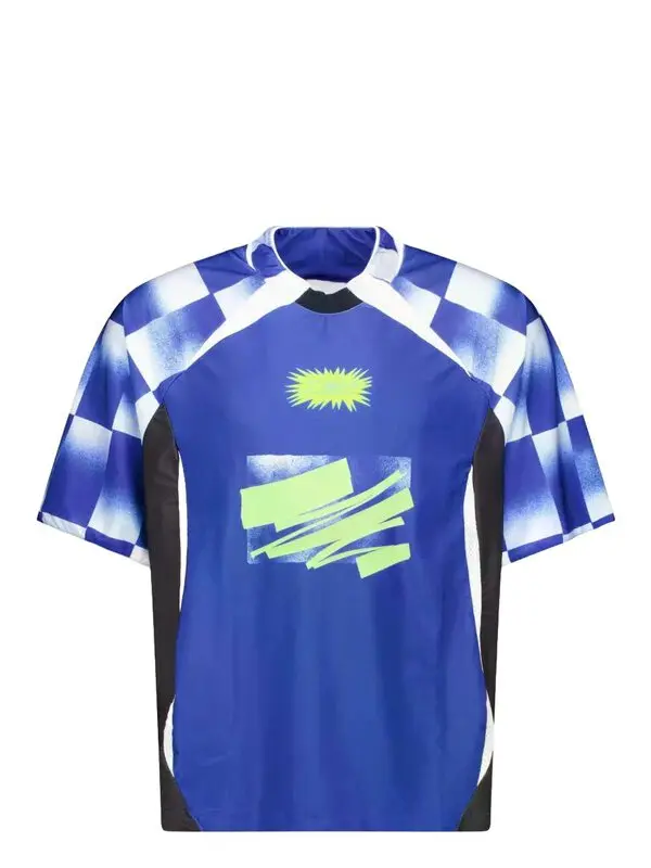 LE PERE Torn Checkered Jersey With Graphic Print - Blue