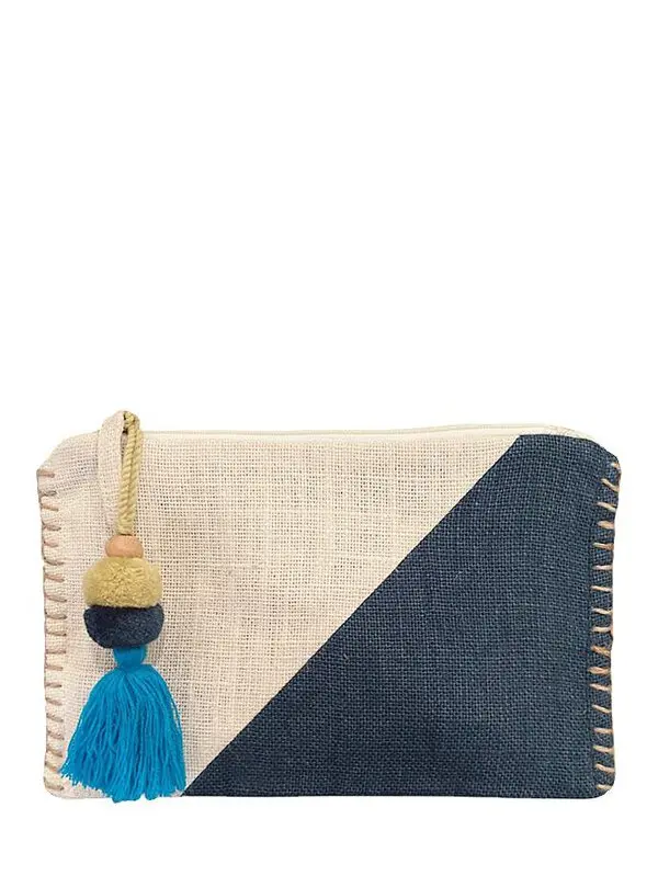 SIDNEY BYRON Jute Pouch With Pom Pom Tassel - Blue