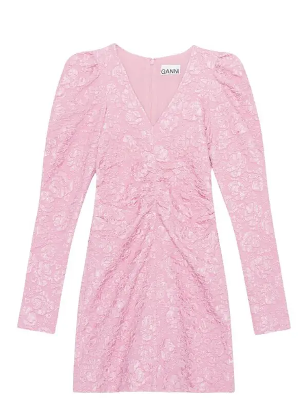GANNI Floral Dress With V-neck And Long Sleeves - Pink