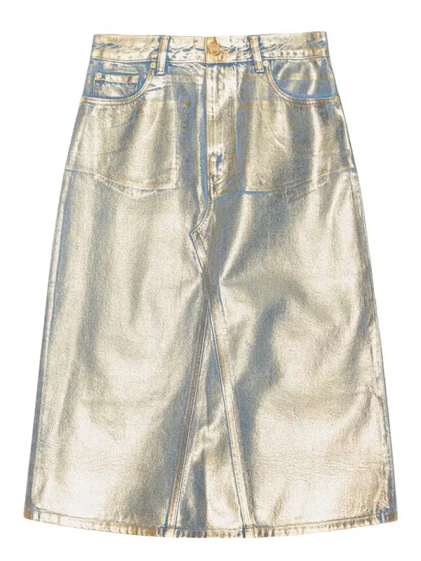 GANNI Gold Foil Denim Midi Skirt - Nude