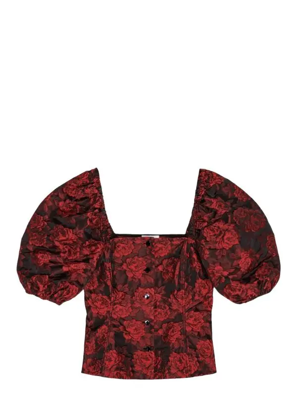 GANNI Allover Floral Printed Puff-sleeved Top - Red