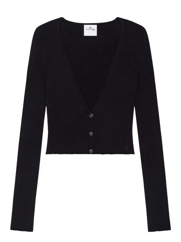 COURREGES Ribbed Knit Cropped Cardigan - Black