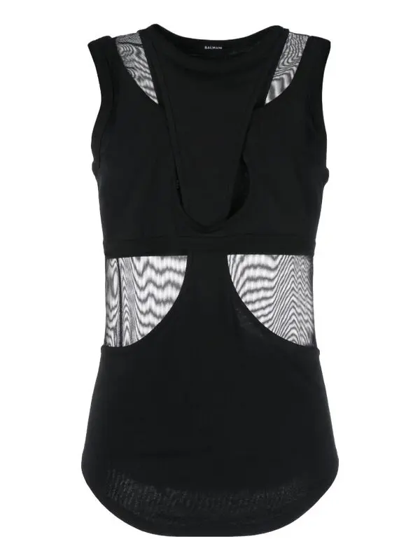 Balmain Sleeveless Mesh Cutout Top - Black